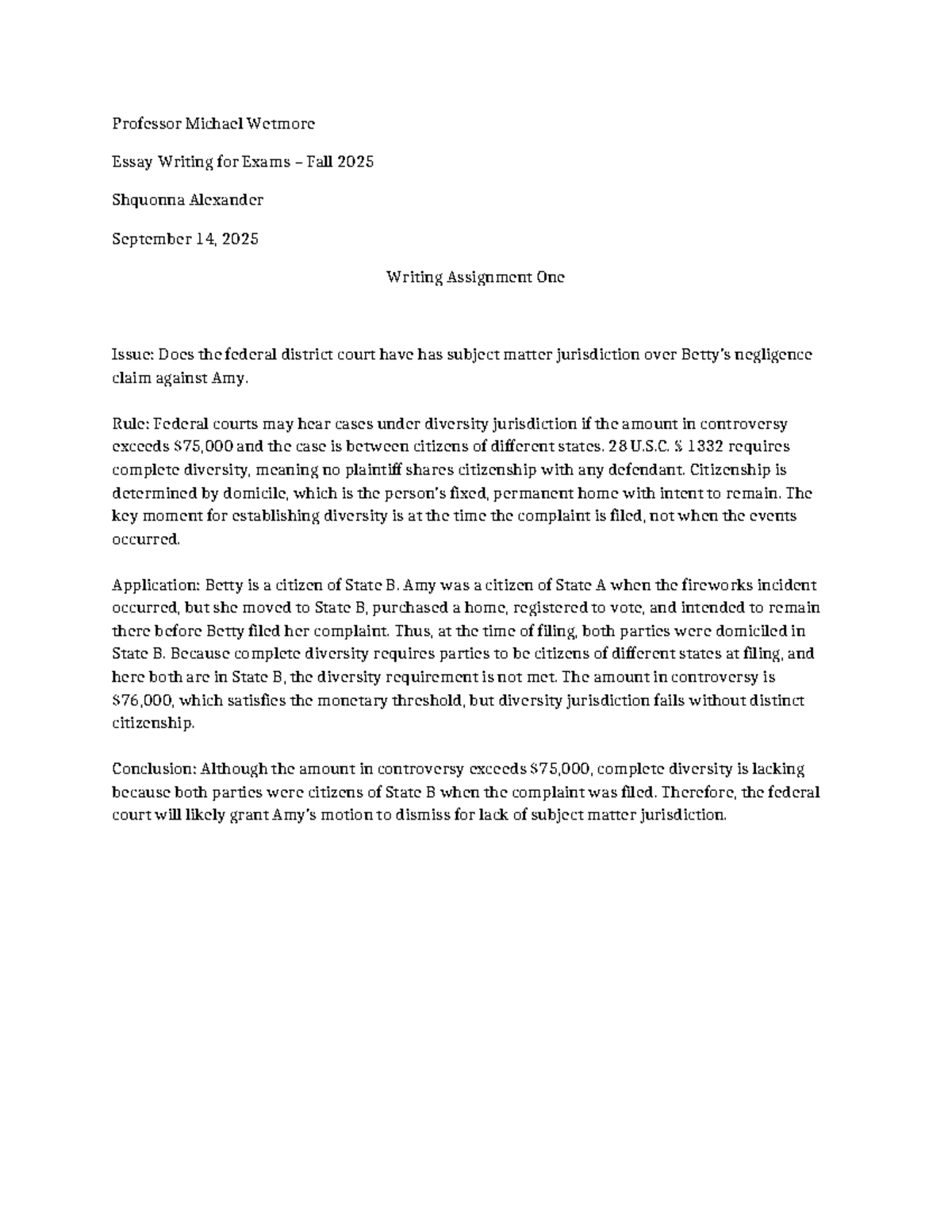 LAW 101 Essay Writing Assignment: Jurisdiction Analysis Fall 2025 - Studocu