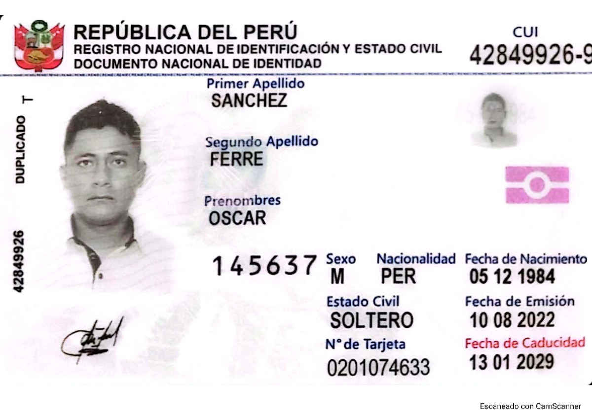 Documento Nacional de Identidad - Perú (DNI) de Oscar Sánchez - Studocu
