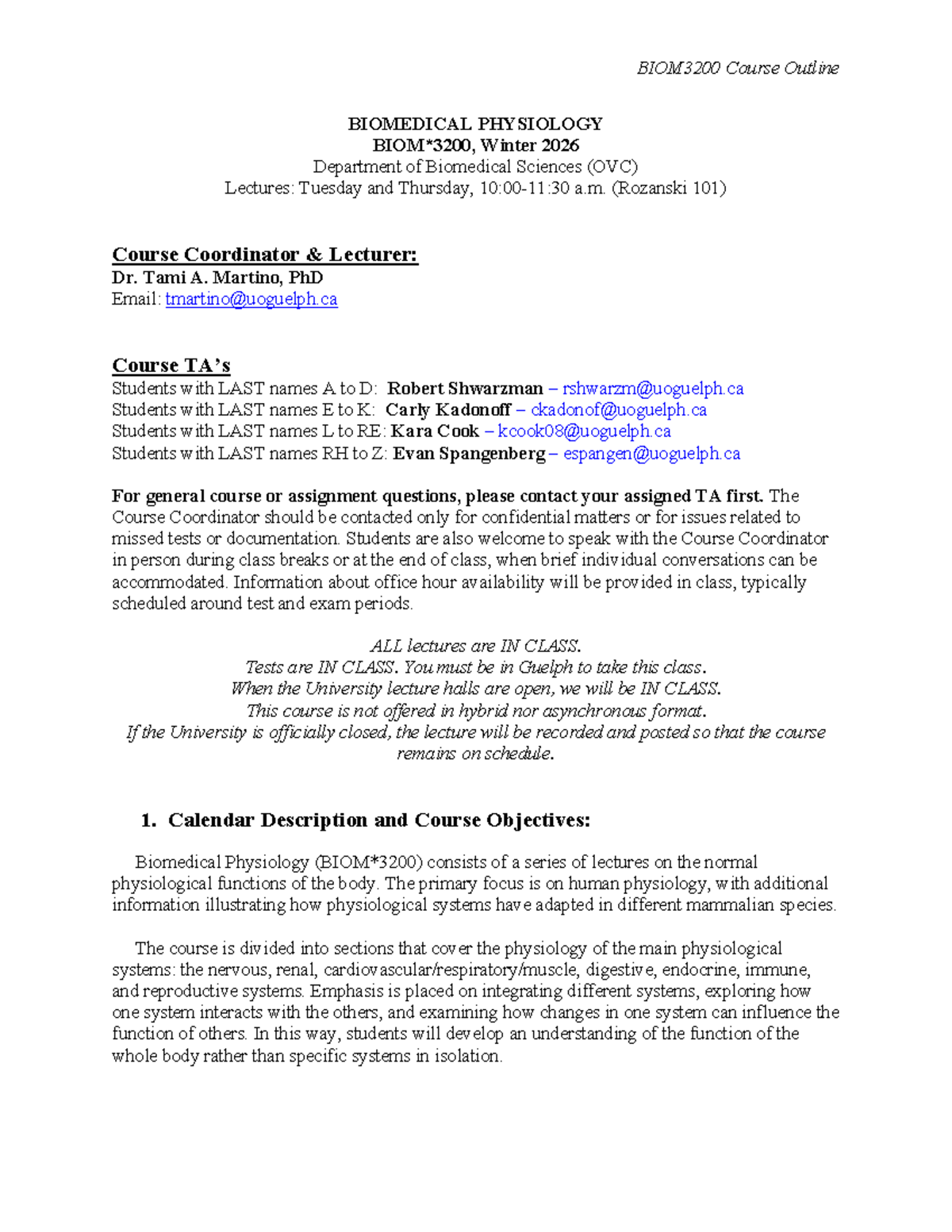 BIOM3200 Course Outline: Biomedical Physiology Winter 2026 - Studocu