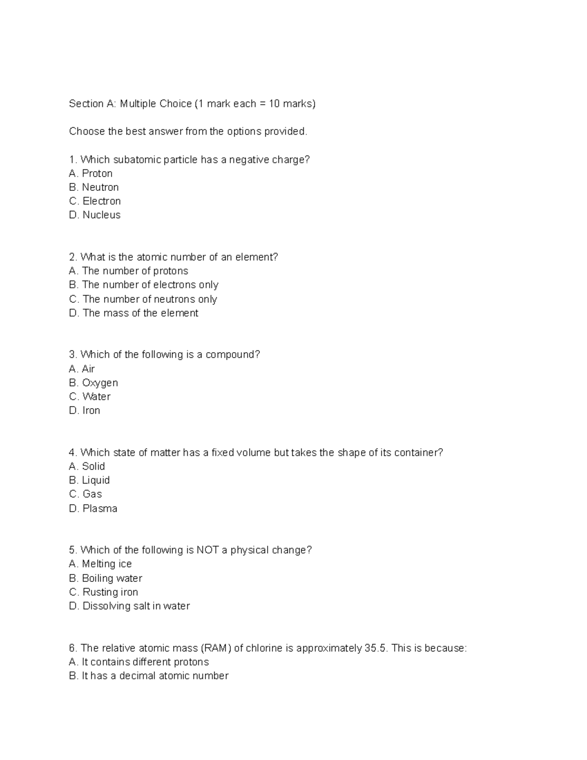 Chemistry 101: MCQ & Short Answer Exam Review (Total 30 Marks) - Studocu