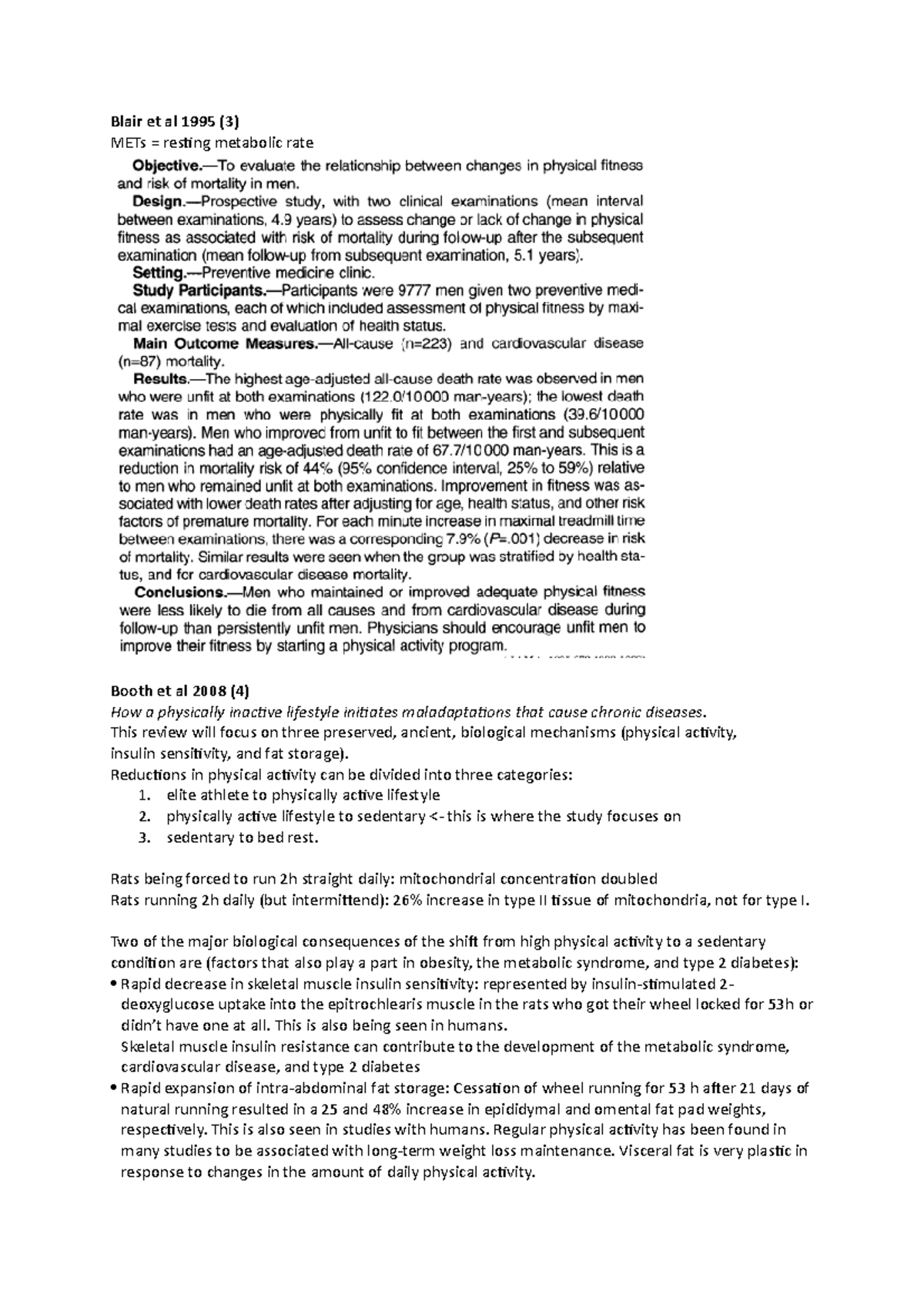 Summary - literature - Blair et al 1995 (3) METs = resting metabolic ...