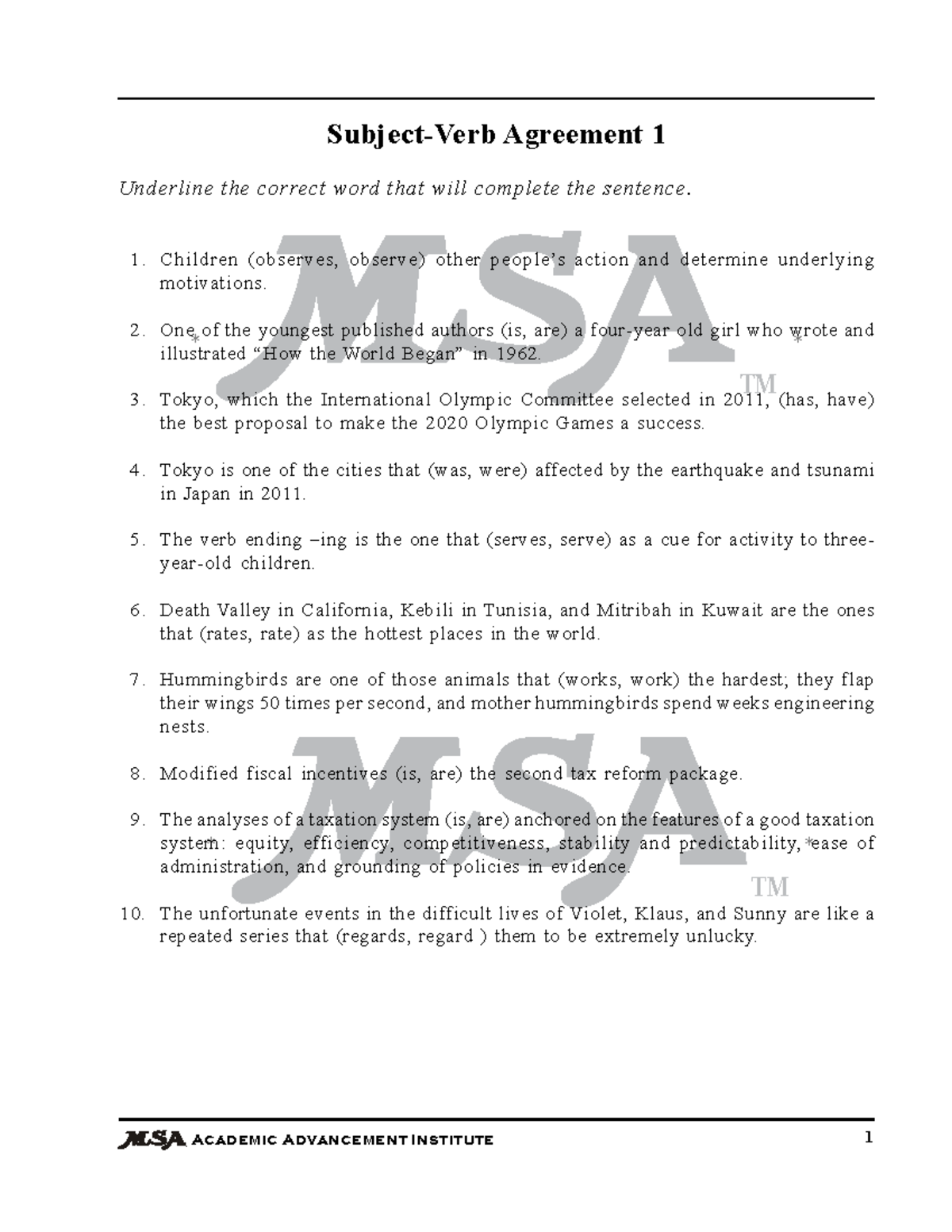 Subject-Verb Agreement Worksheet 1: Agreement 1 - Studocu