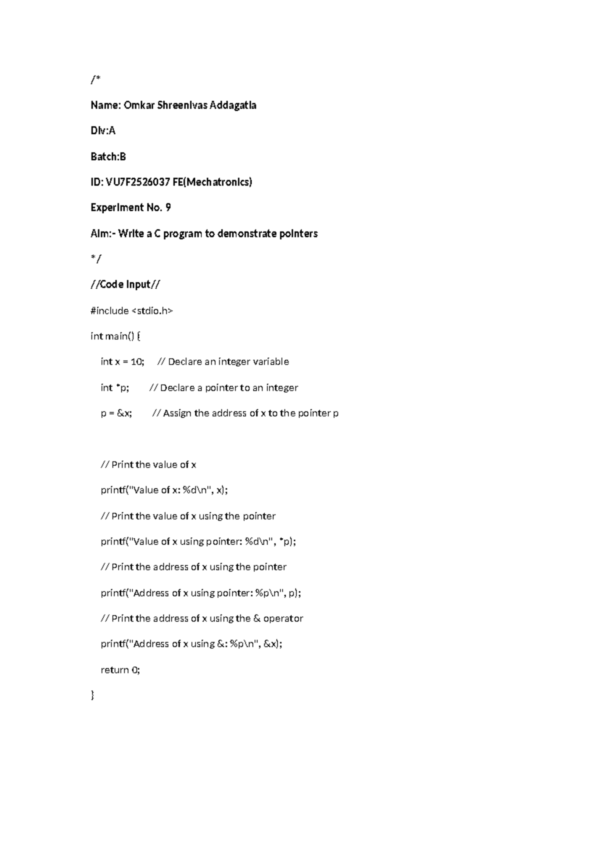 Experiment 09: C Program Demonstrating Pointers - FE(Mechatronics ...