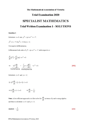 Specialist Mathematics VCE Exam 2 - Past Paper 2020 - Studocu
