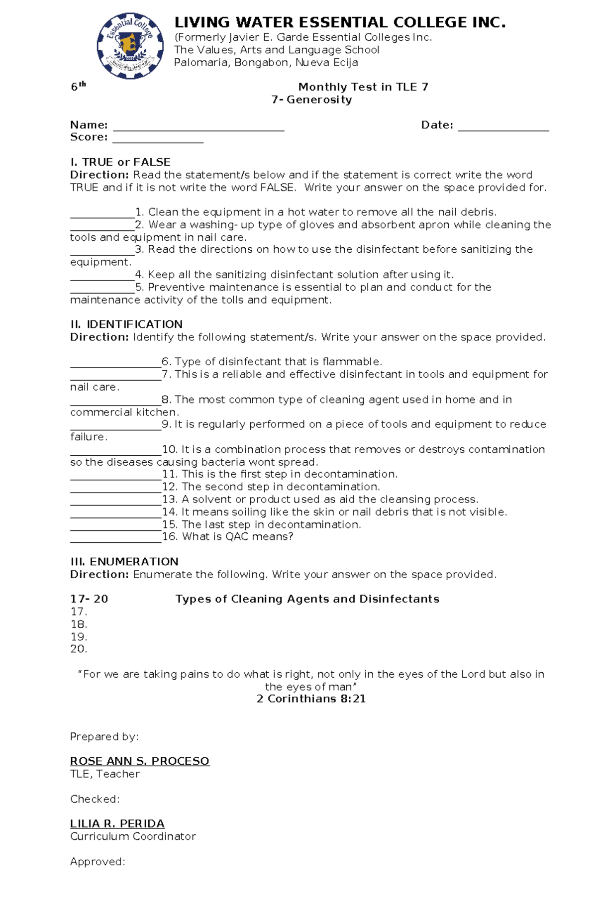 TLE 8 Cookery: Curriculum Guide & Monthly Test Overview - Studocu