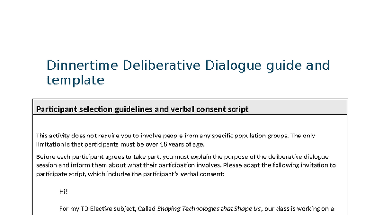TD Elective: Dinnertime Deliberative Dialogue Guide & Consent Script ...