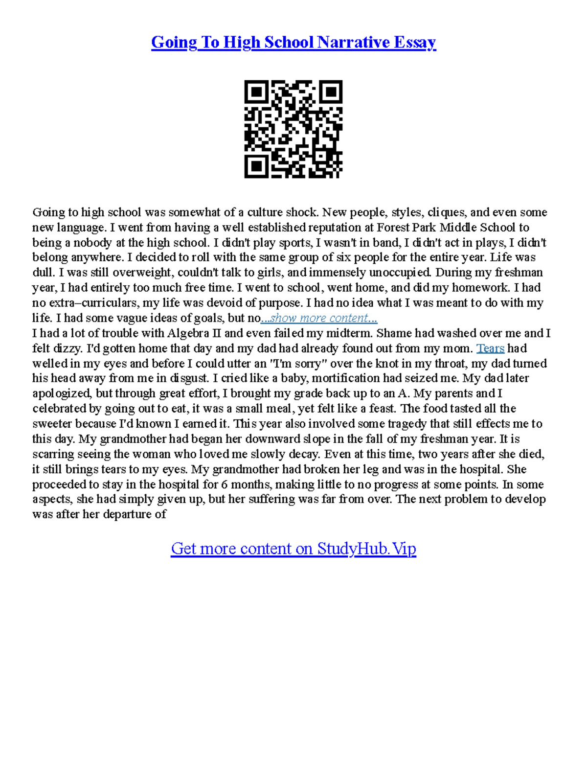 High School Narrative Essay - Going To High School Narrative Essay ...