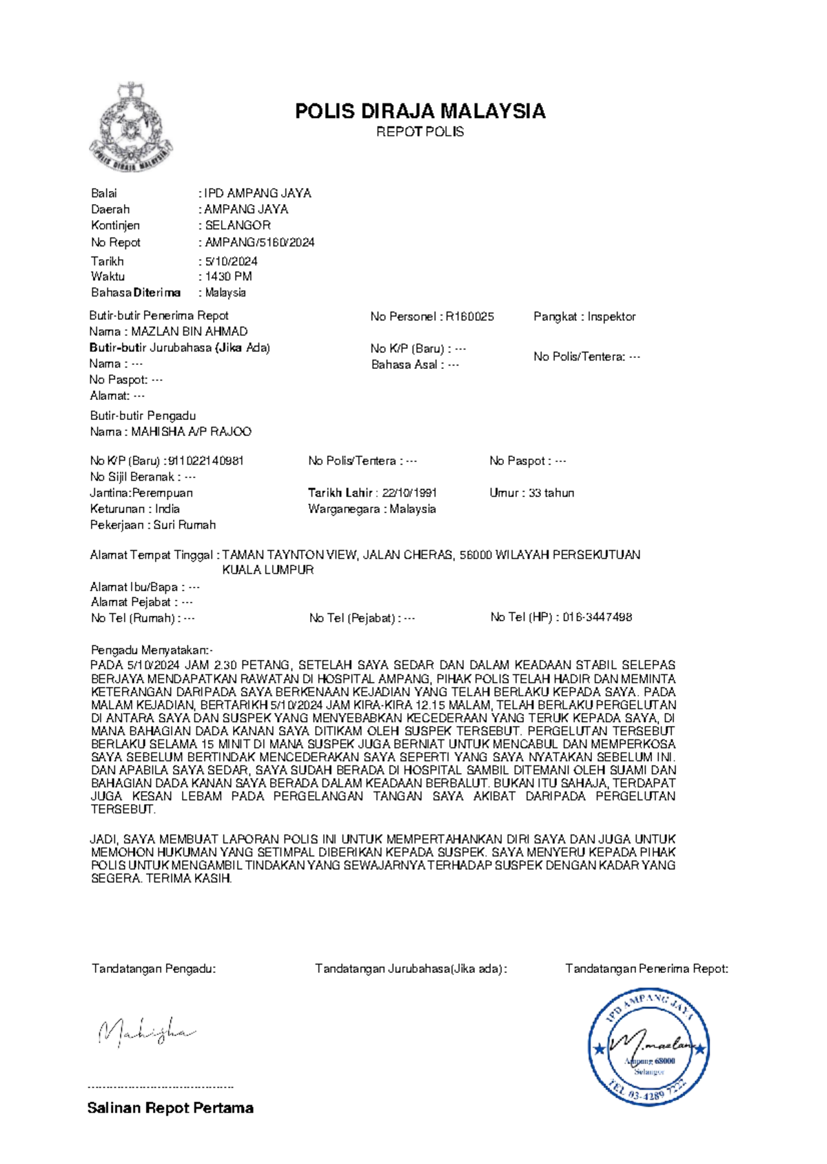 Laporan Polis: Repot Kejadian Mengancam Keselamatan - Sample 2024 - Studocu