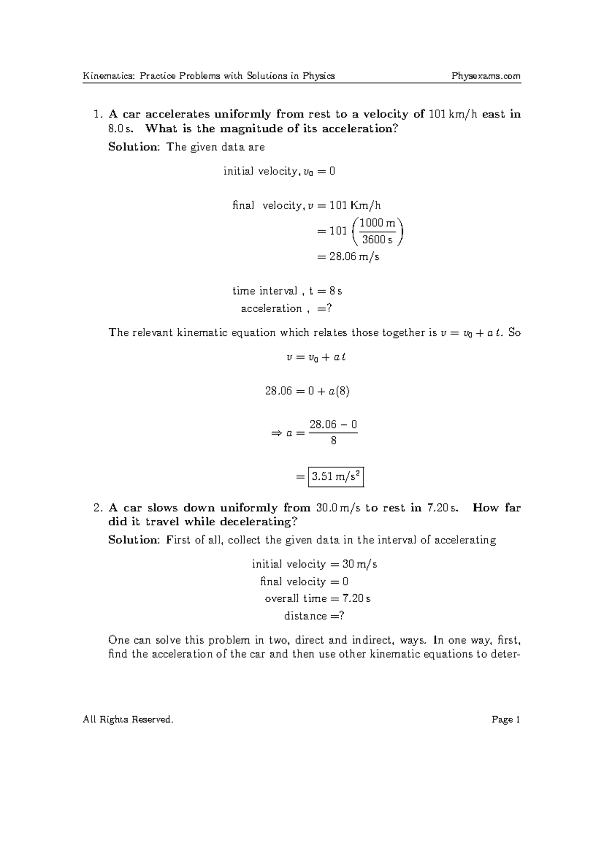 Kinematics: Practice Problems with Solutions for Physics PHYS101 - Studocu