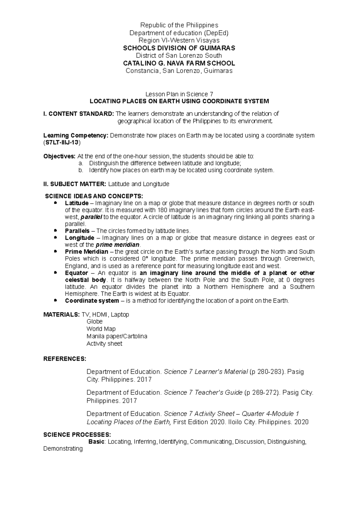 Lesson Plan in Science 7 Quarter 4 Wk1 - Department of education (DepEd ...
