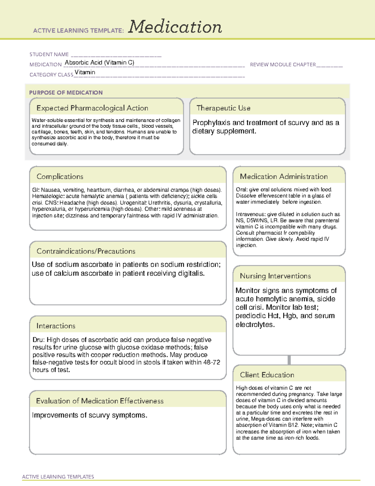 Active Learning Template: Vitamin C (Ascorbic Acid) Overview - Studocu