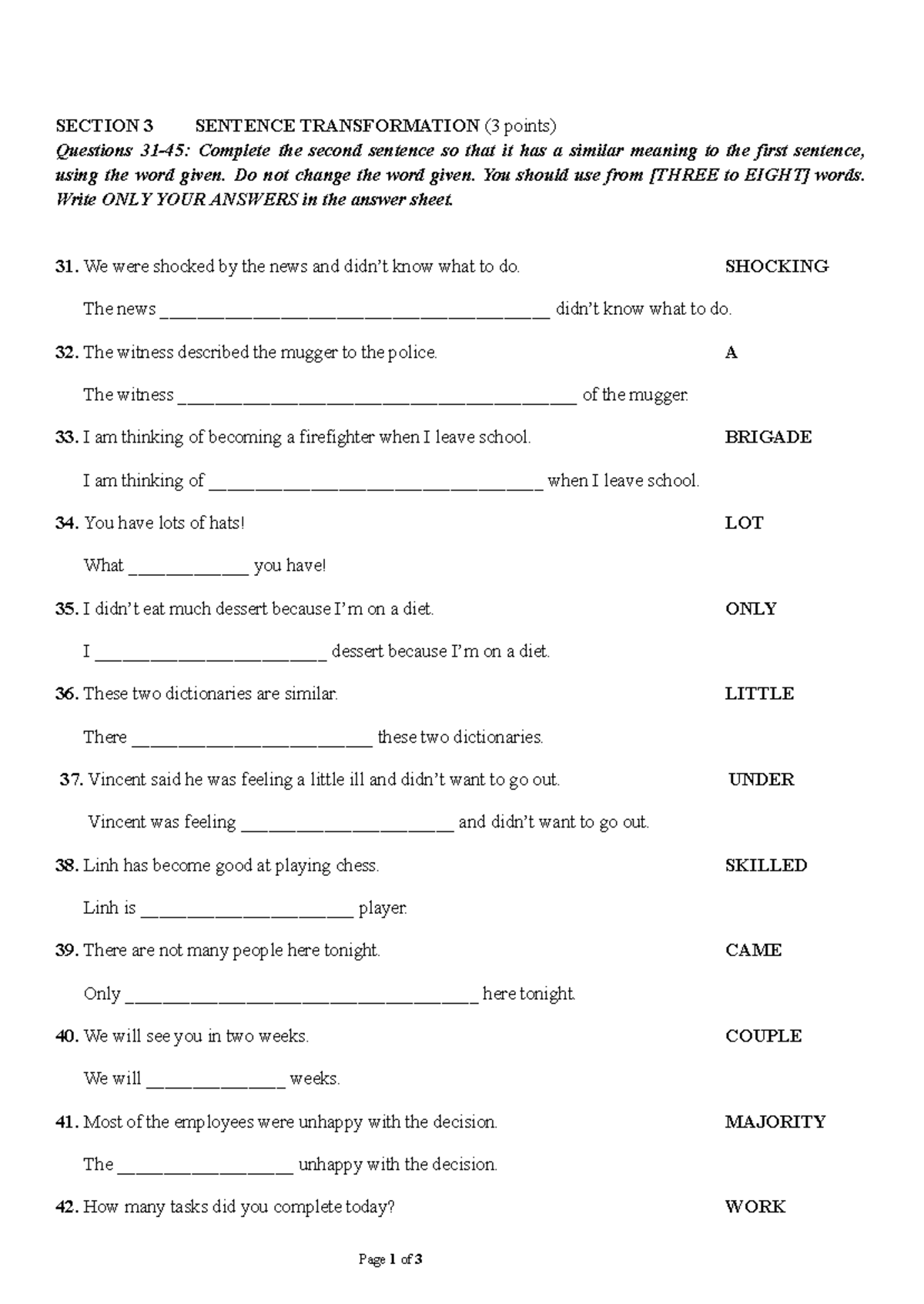 SECTION SENTENCE TRANSFORMATION EXERCISE (3 pts) - Studocu