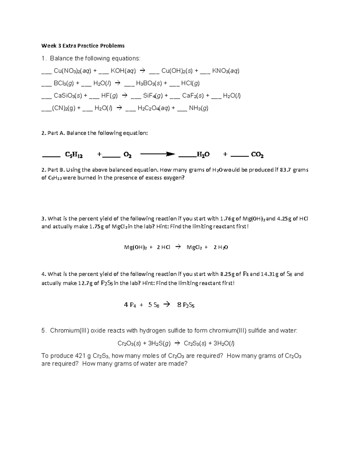 Week 3 Extra Practice Problems: Balancing Equations & Yield ...