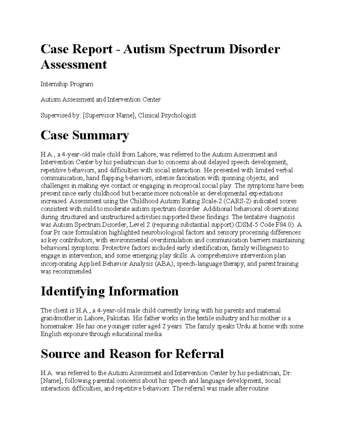 Case Report: Autism Spectrum Disorder Assessment (Internship Program ...