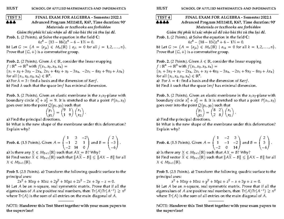 Algebra Final Exam Test 3 - Semester 2022.1 MI1141E - Studocu