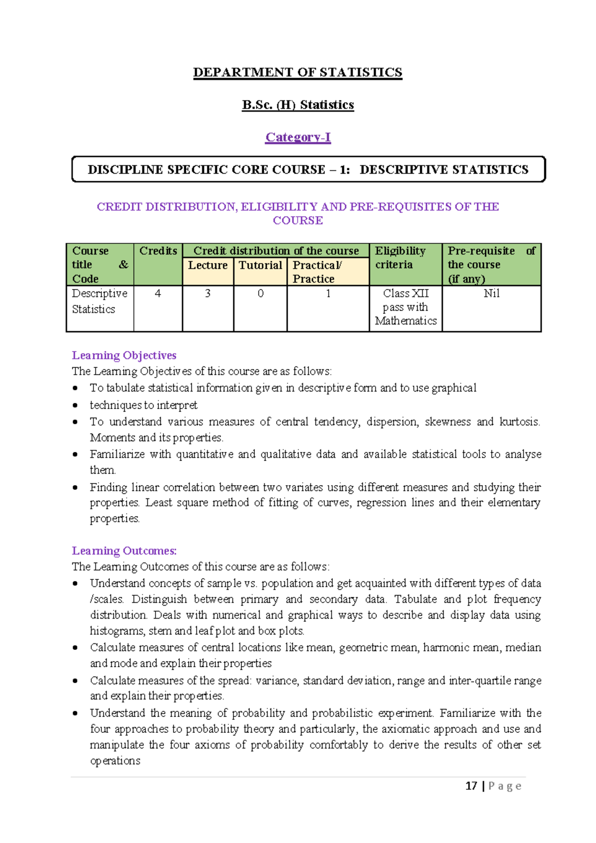 B.Sc. (H) Statistics 1st Sem Syllabus: Descriptive Stats & Probability ...