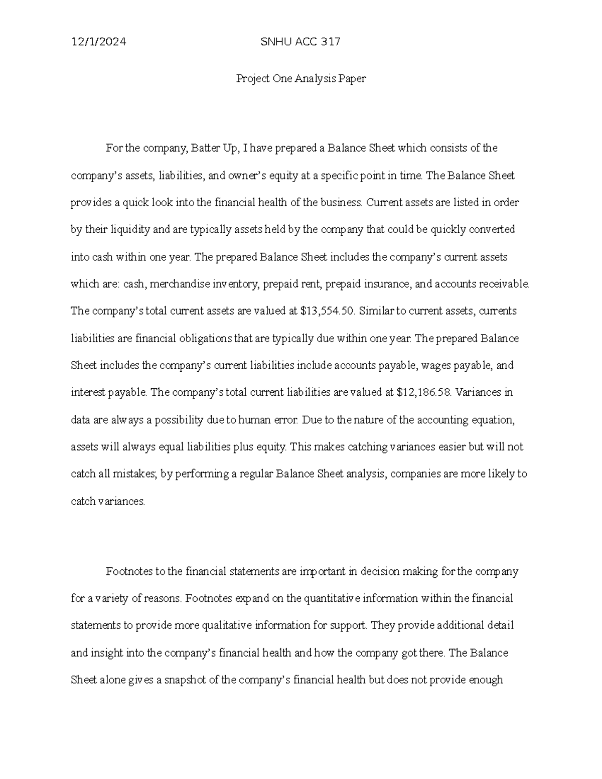 ACC 317 Project One Analysis: Balance Sheet Review and Insights - Studocu