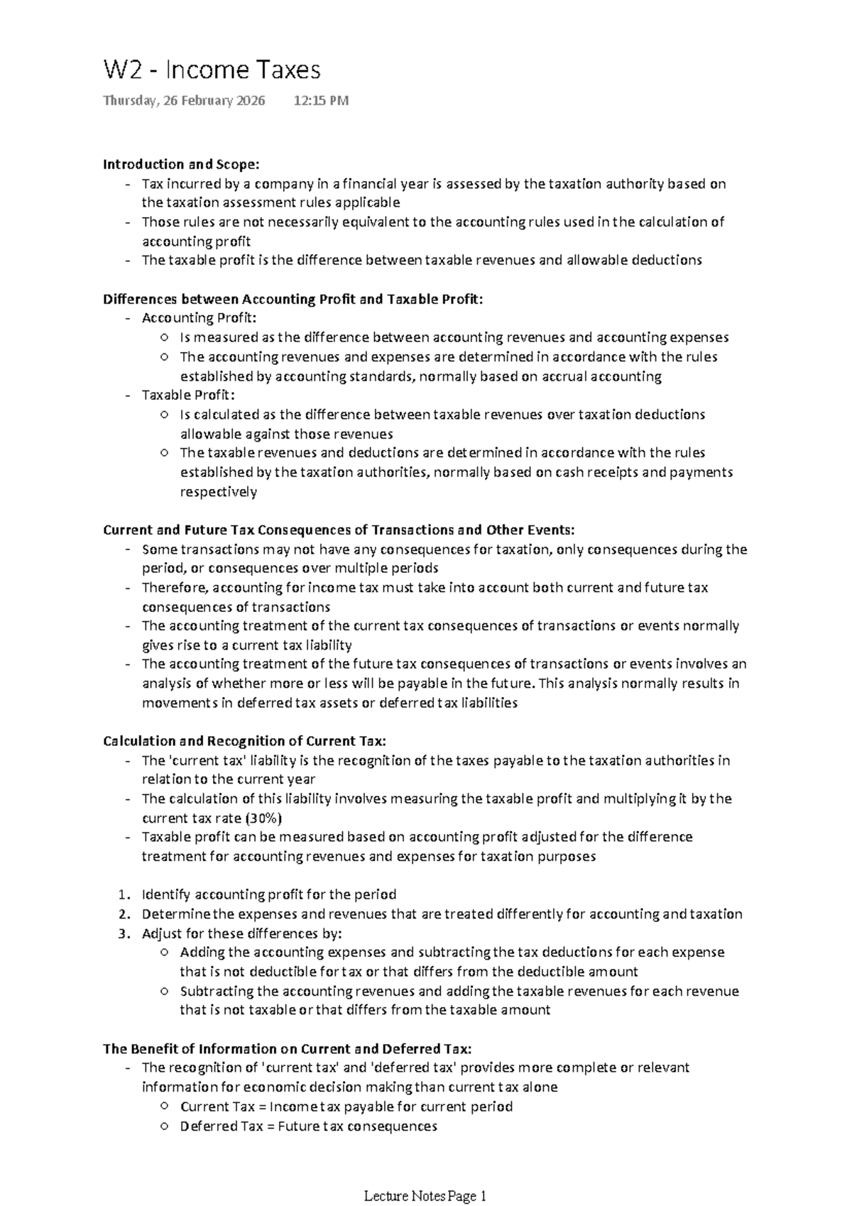 W2 - Income Taxes: Lecture Notes on Taxable vs. Accounting Profit - Studocu