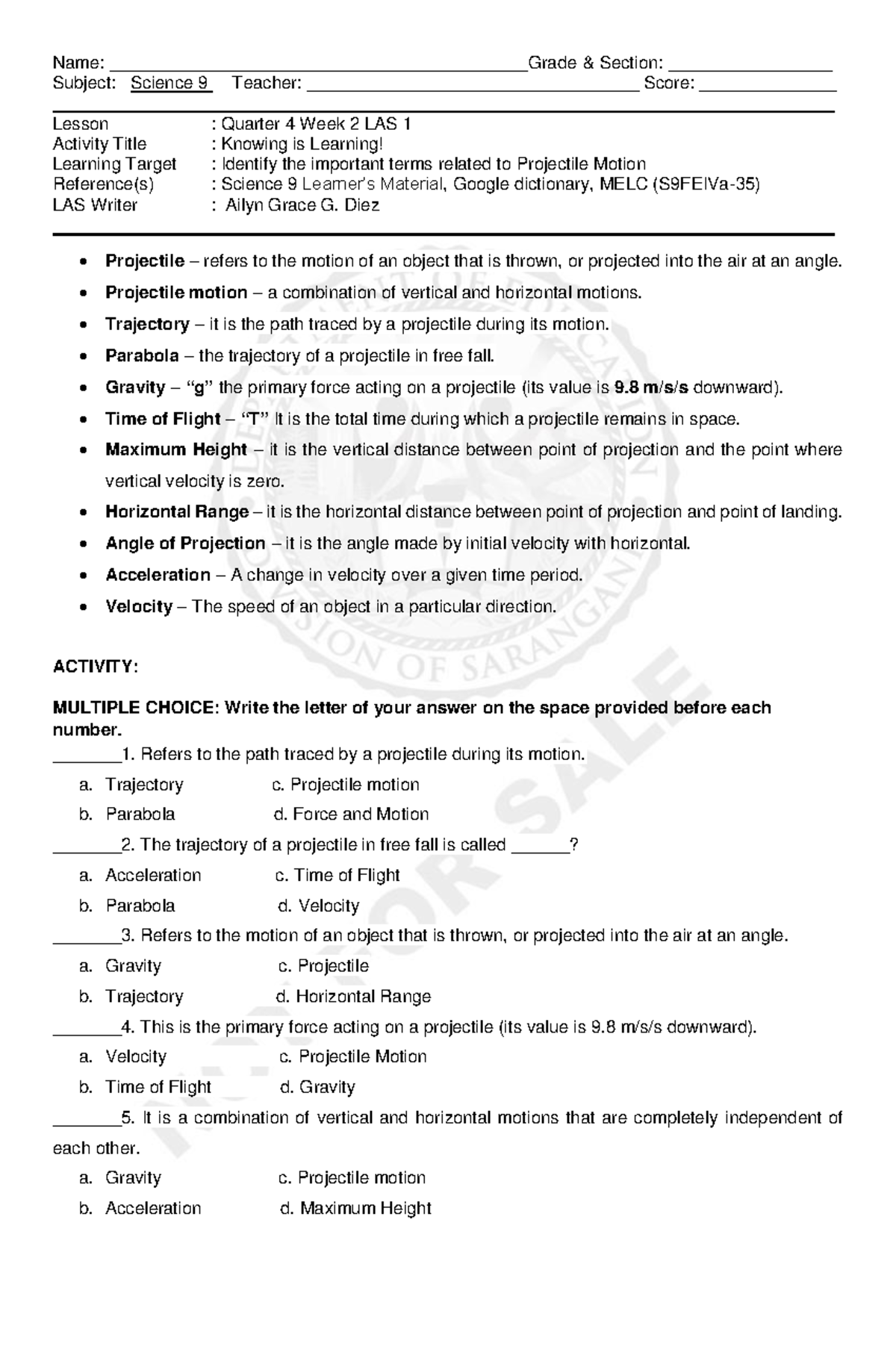 Grade 9 Science Q4 week 2 LAS 1 - Name ...