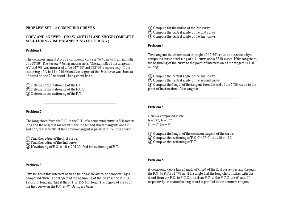 Problem Set 2: Compound Curves Solutions and Calculations - Studocu