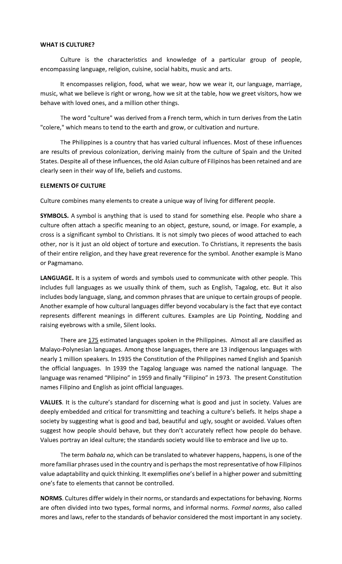 CULTURE IN THE PHILIPPINES: ELEMENTS & INFLUENCES (ILIDE) - Studocu