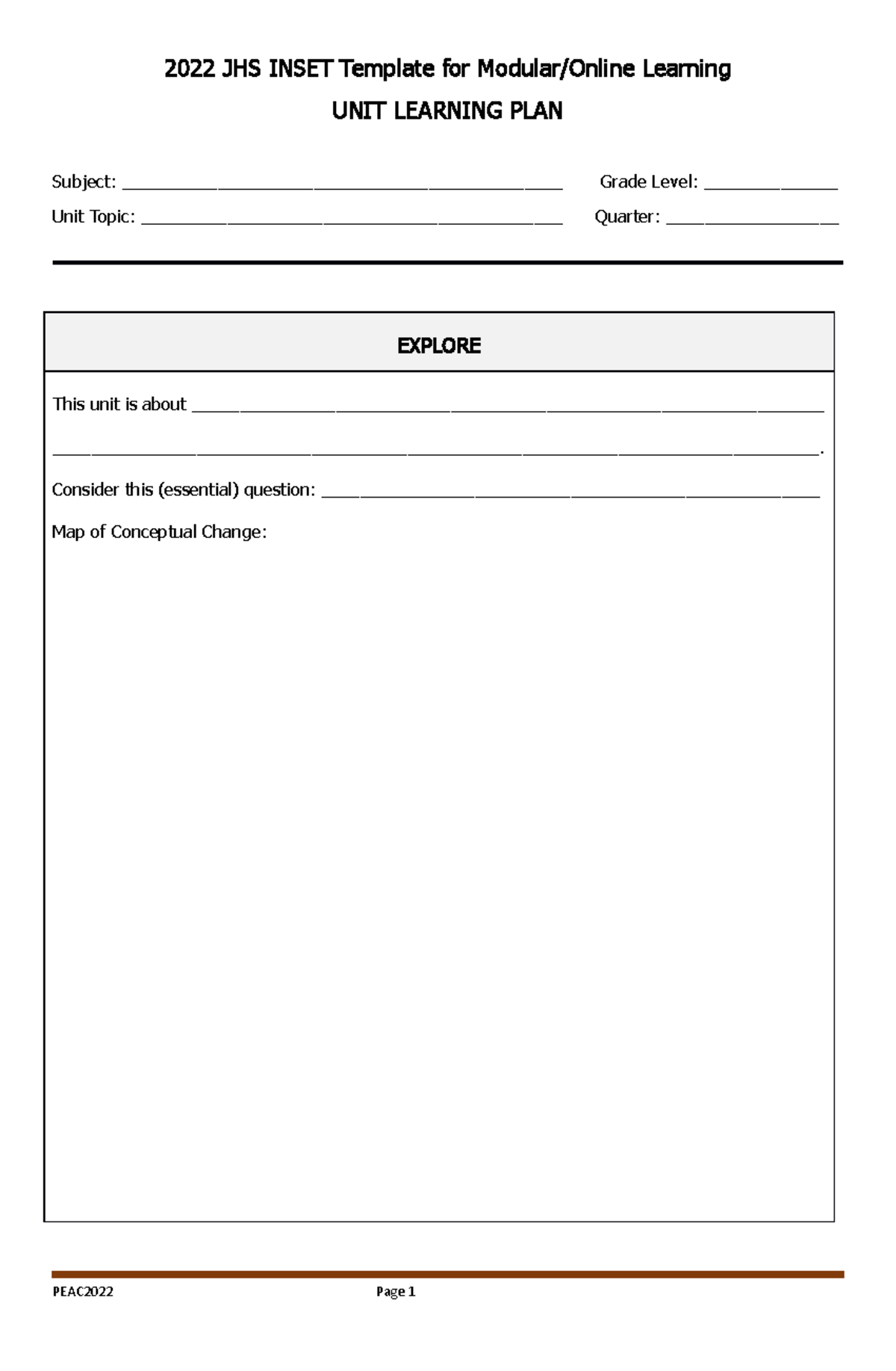 PEAC 2022 JHS INSET Modular Learning Plan Template - Studocu