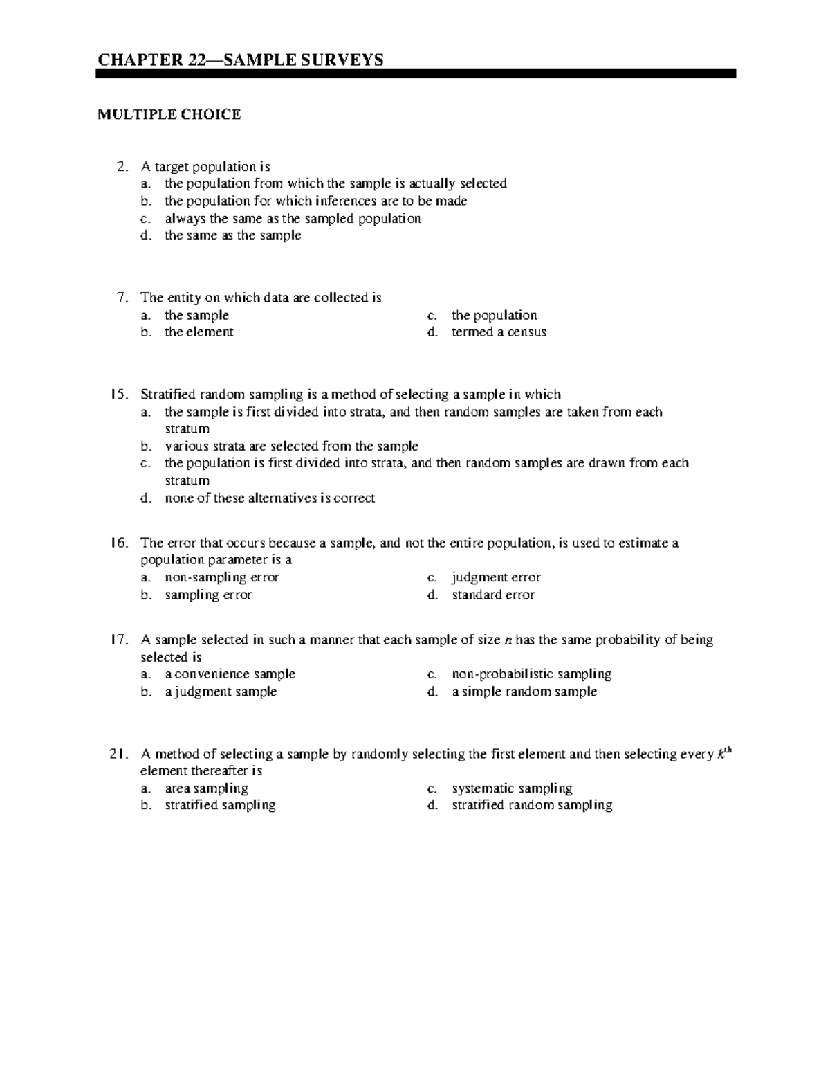 CH22: Multiple Choice Questions & Answers on Sampling Methods - Studocu
