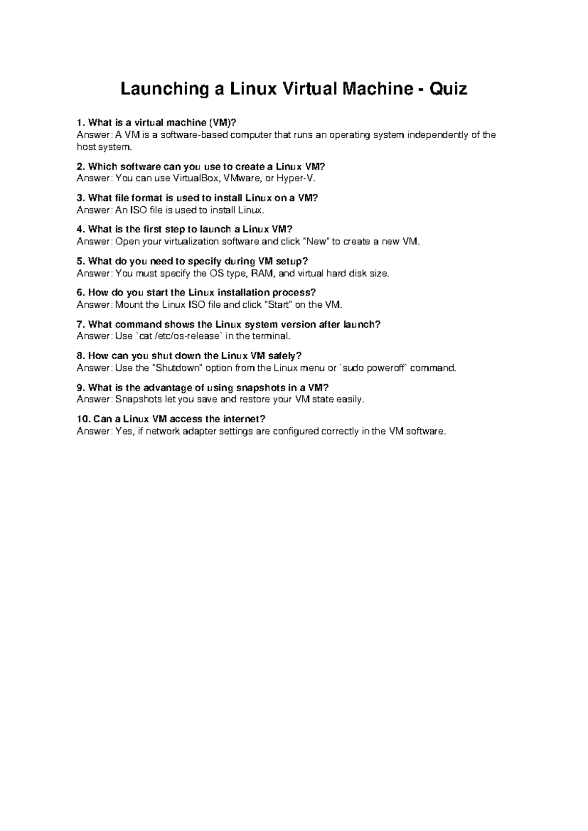 Linux Virtual Machine Quiz 1: Key Concepts and Setup - Studocu