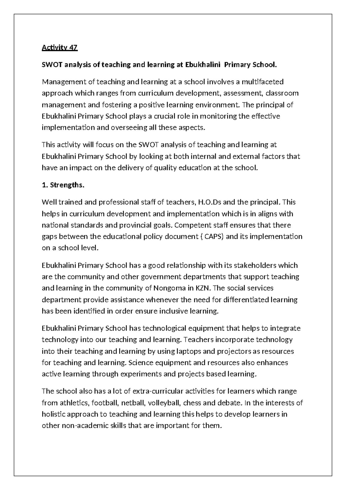 Activity 47: SWOT Analysis of Teaching at Ebukhalini Primary School ...