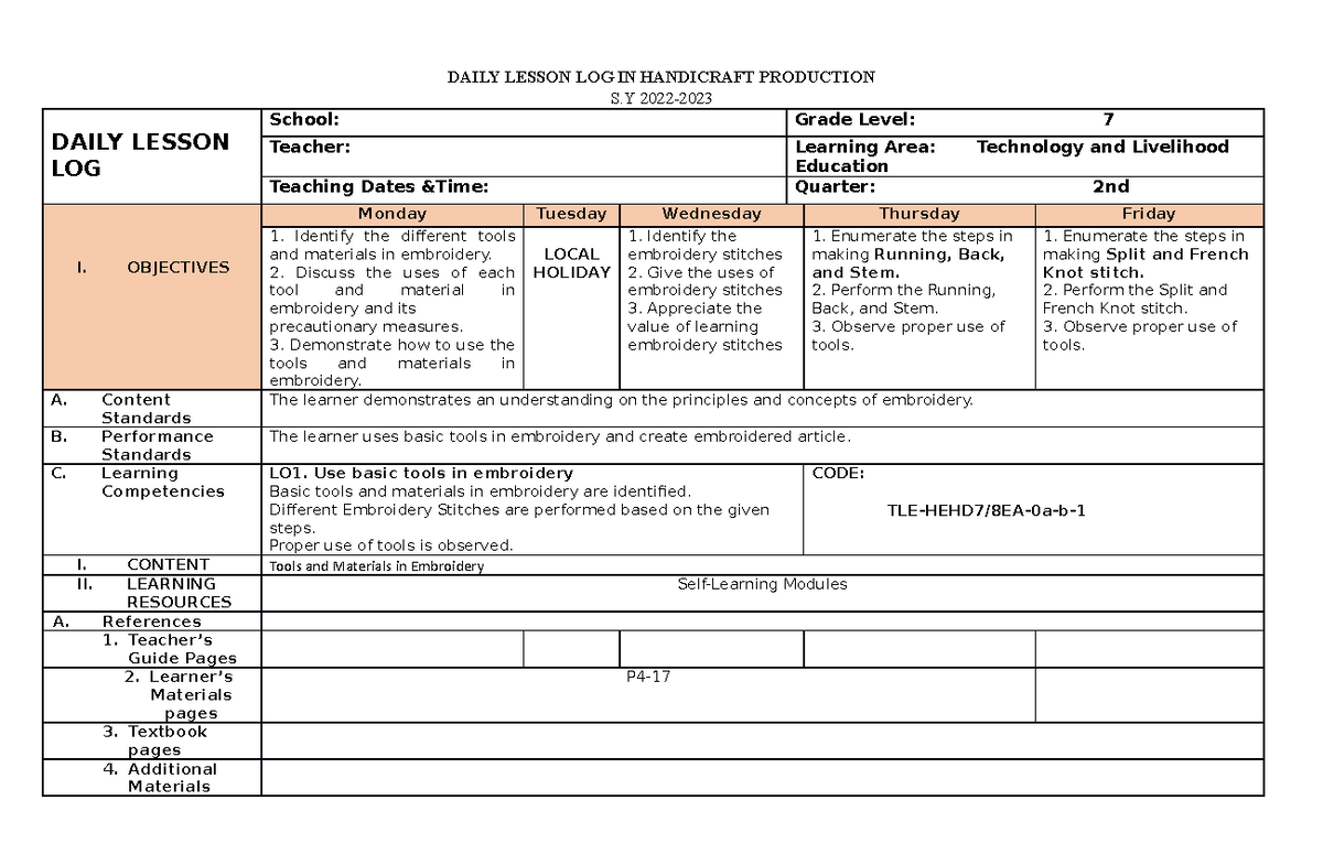 Grade 7 TLE Handicraft Daily Lesson Log - Q2W1 Overview - Studocu