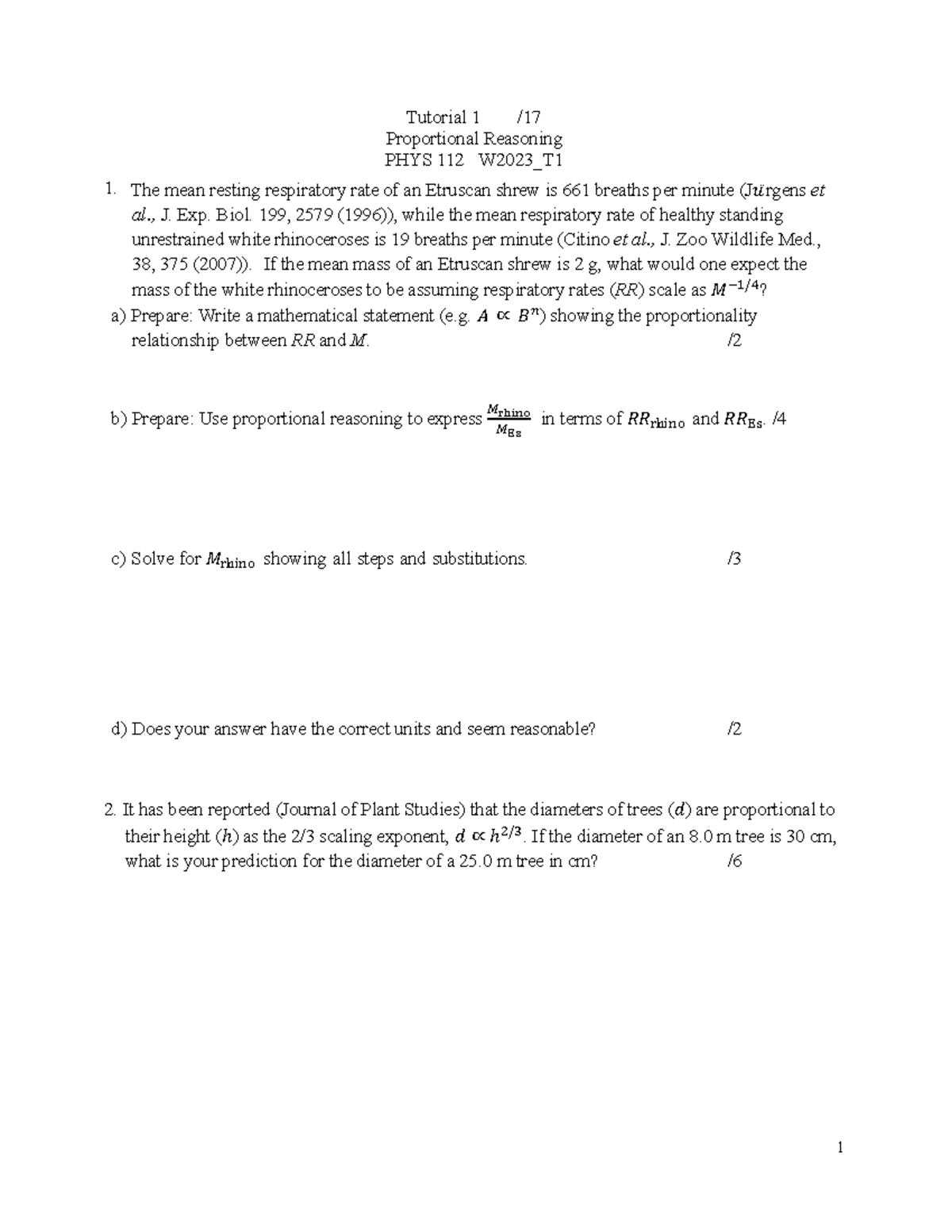 Tut 1: Proportional Reasoning in PHYS 112 W2023 - Studocu