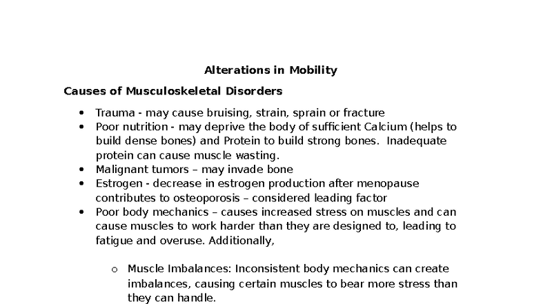 Alterations in Mobility: Causes & Prevention of Musculoskeletal ...