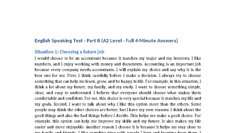 English Speaking Test A2 Level: Full Answers & Situations - Studocu