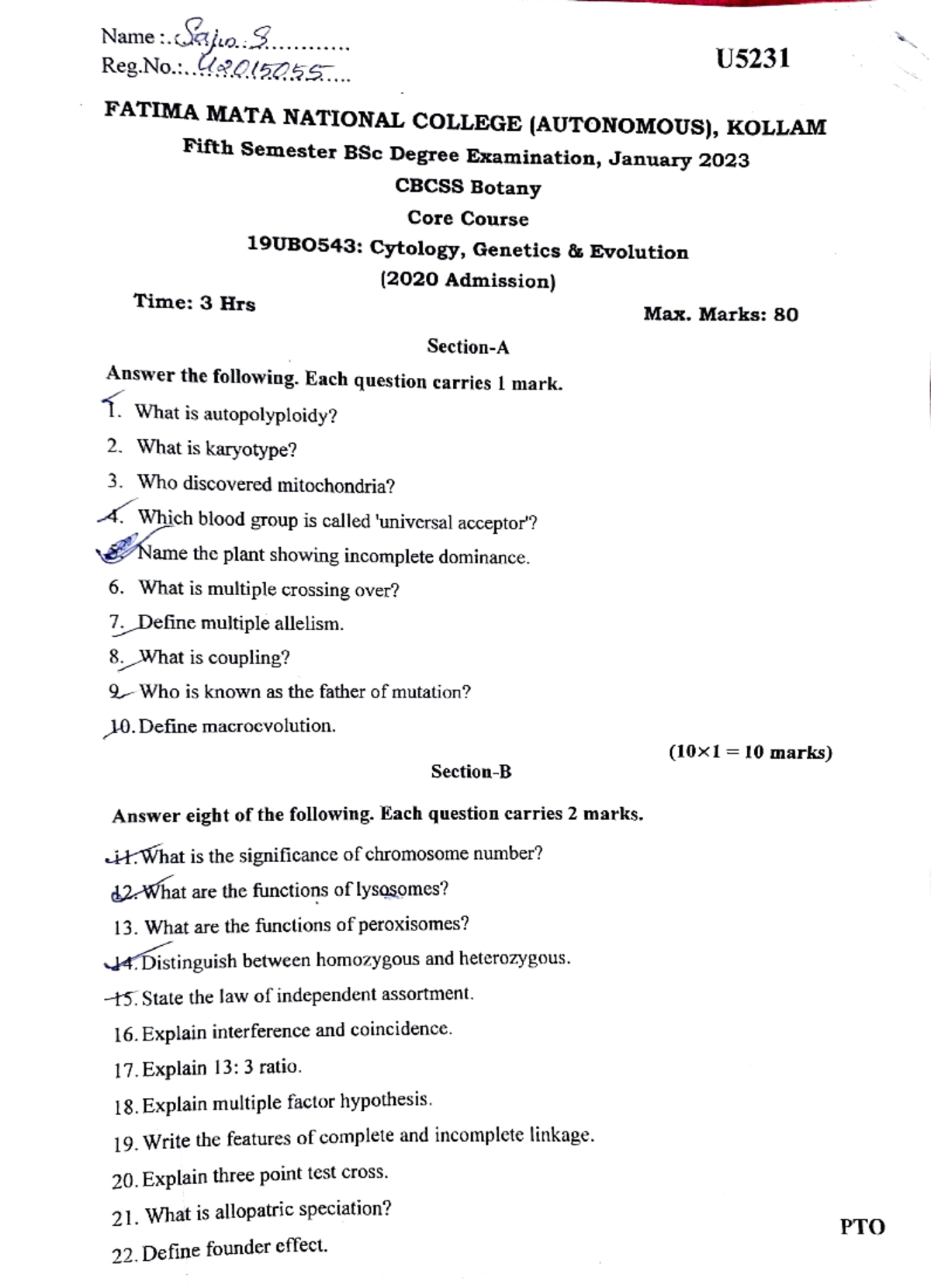 Cytology, Genetics & Evolution (19UBO543) Exam Paper - Jan 2023 - Studocu