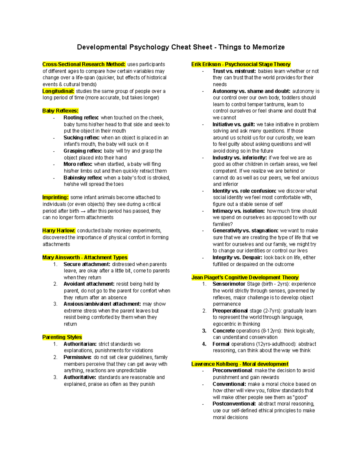 Developmental Psychology Cheat Sheet - Things to Memorize (1 ...