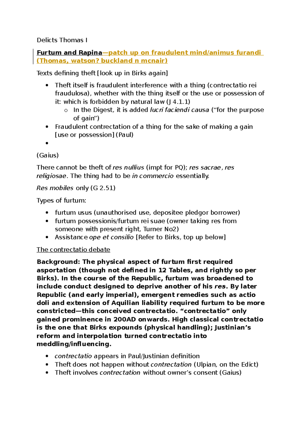 Delicts (Theft: Robbery) - Thomas I Furtum and Fraudulent Contrectatio ...