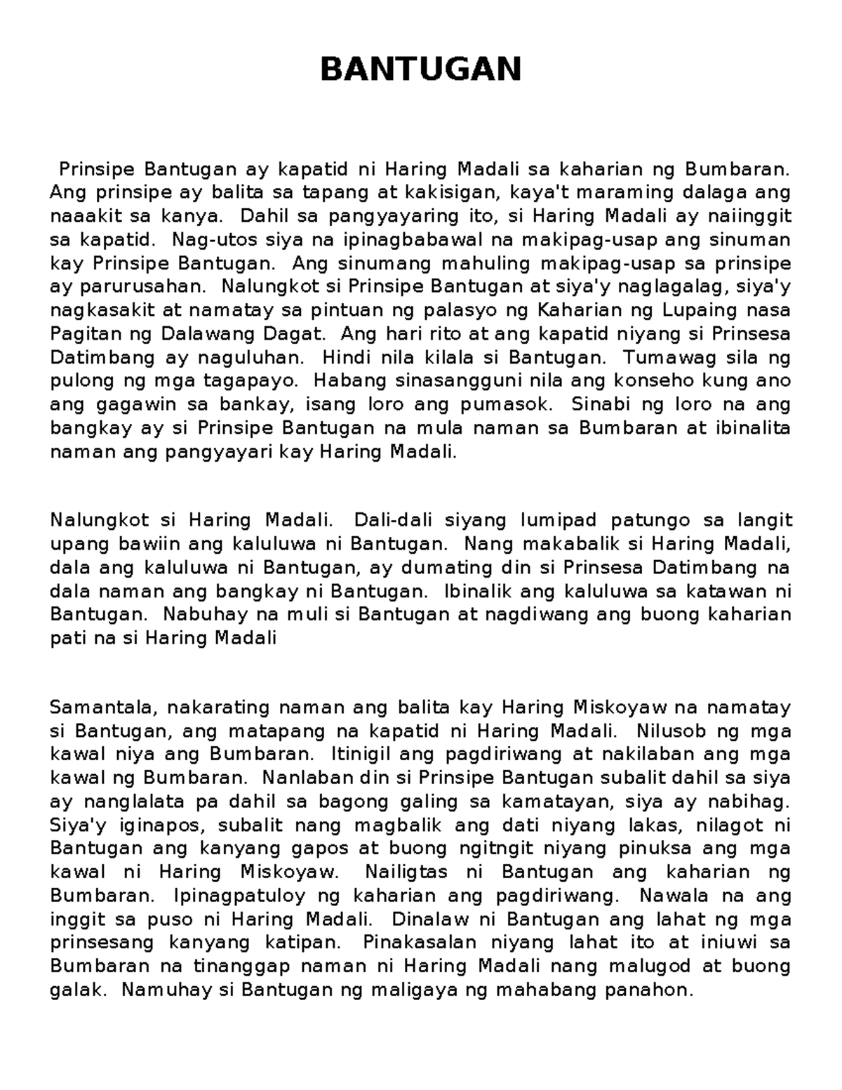 Prinsipe Bantugan: Epiko ng Kaharian ng Bumbaran at Labanan - Studocu