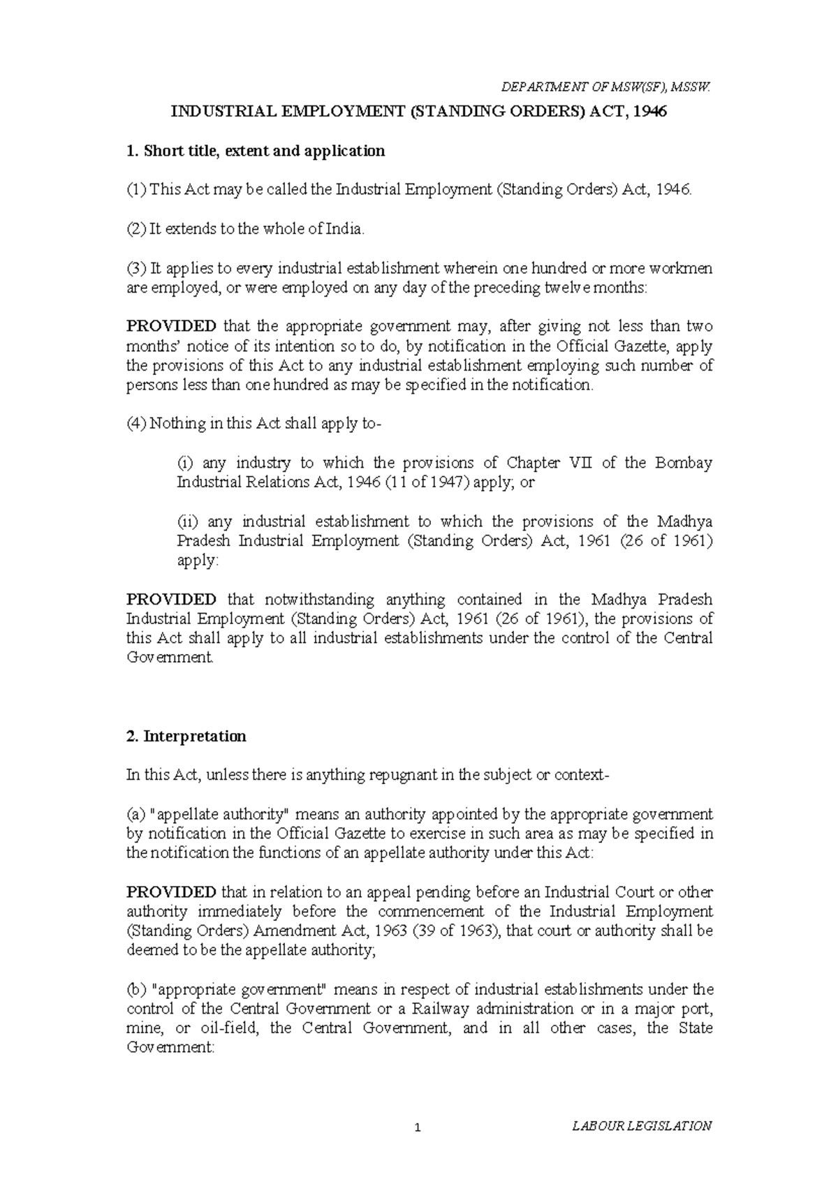 Industrial Employment Standing Orders Act, 1946 - Overview and ...