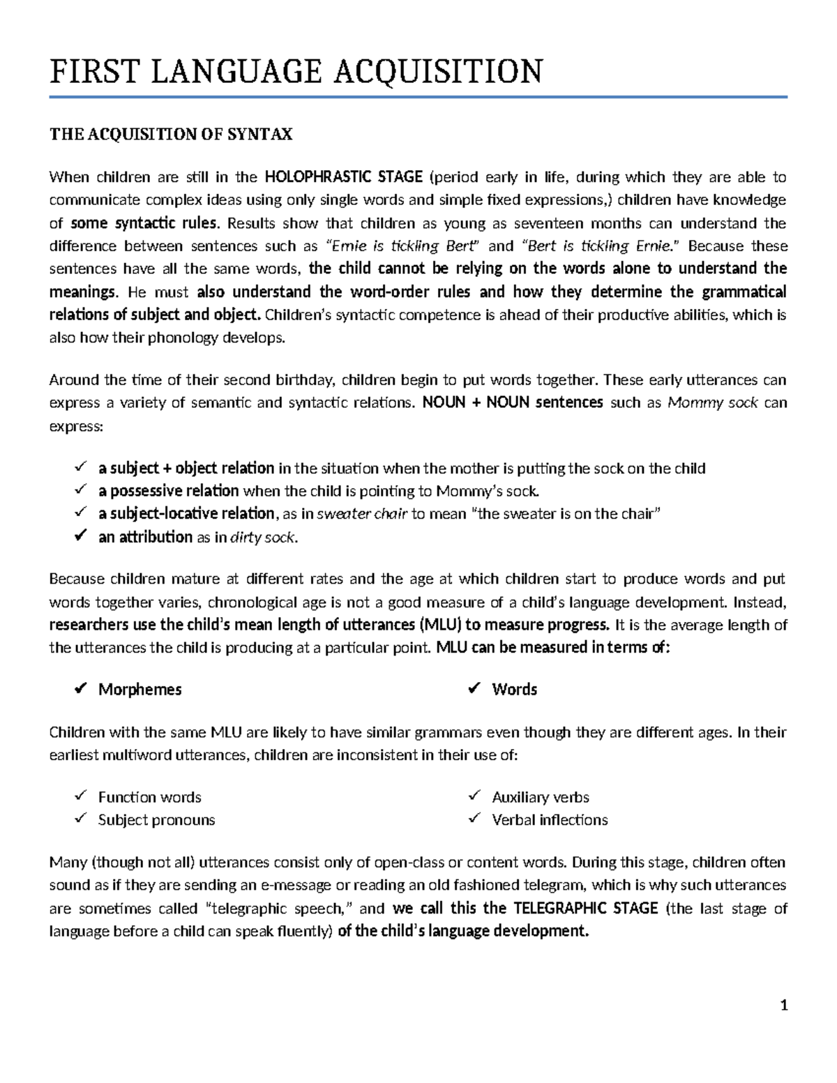 First Language Acquisition: Understanding Syntax Development - Studocu