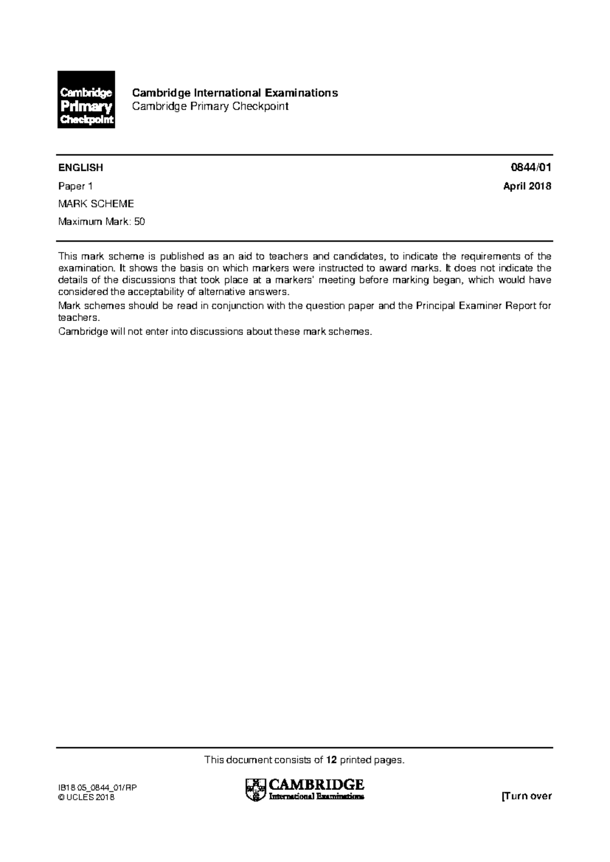 Cambridge Primary Checkpoint ENGLISH Paper 1 Mark Scheme - April 2018 ...
