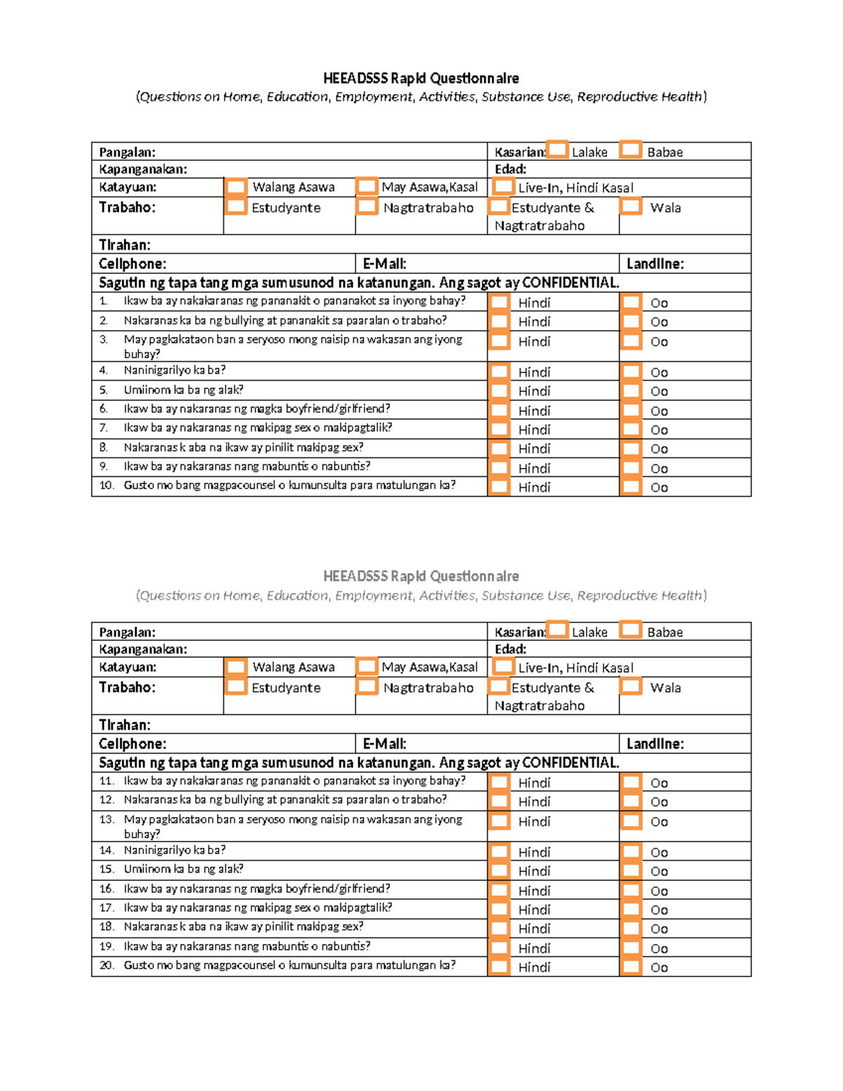 HEEADSSS Rapid Questionnaire: Home, Education & Health Insights - Studocu