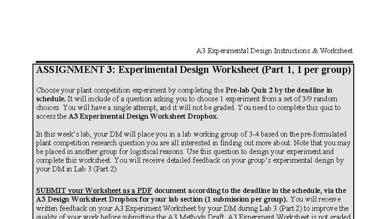 A3 Experimental Design Worksheet Instructions for Plant Competition ...