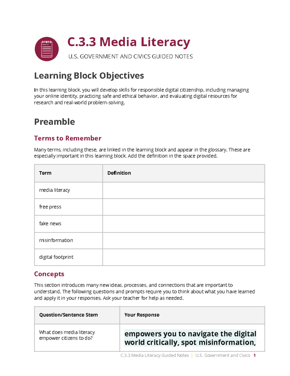 C.3 Media Literacy Guided Notes for U.S. Government and Civics - Studocu