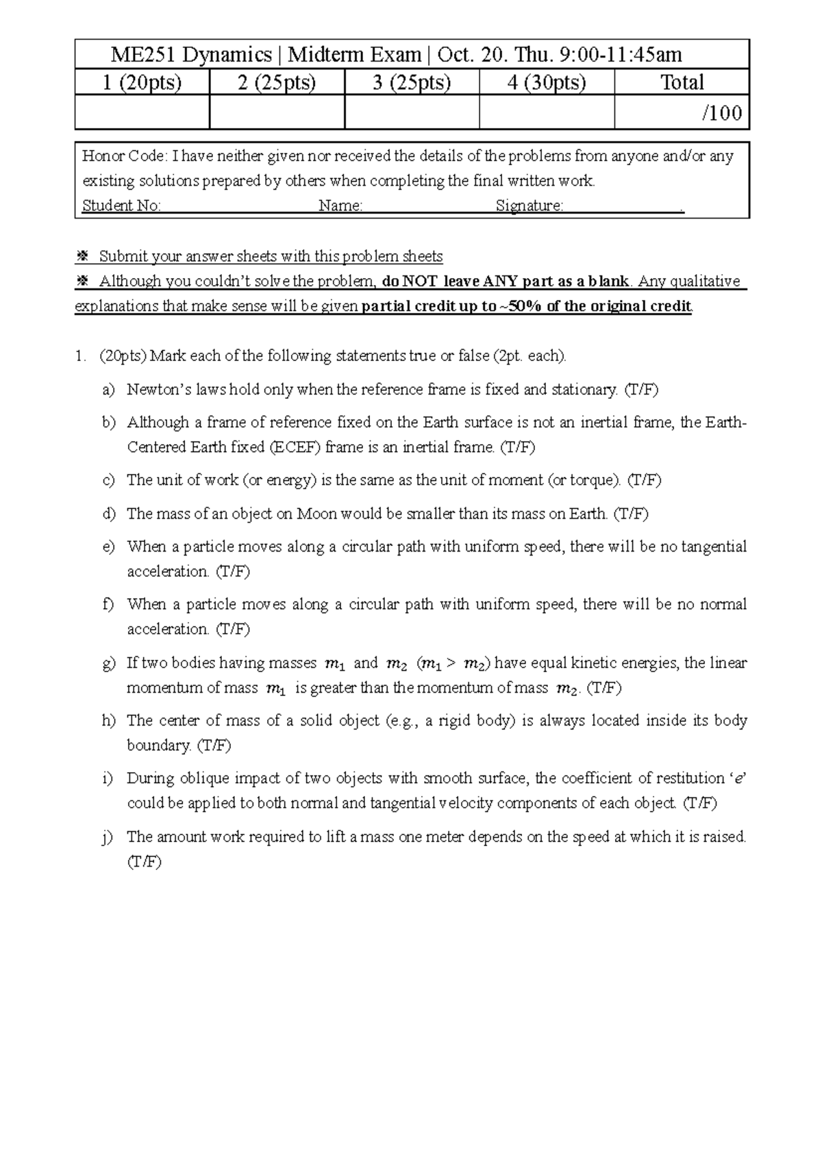 2022 ME251 Dynamics Midterm Exam Problems and Solutions - Studocu