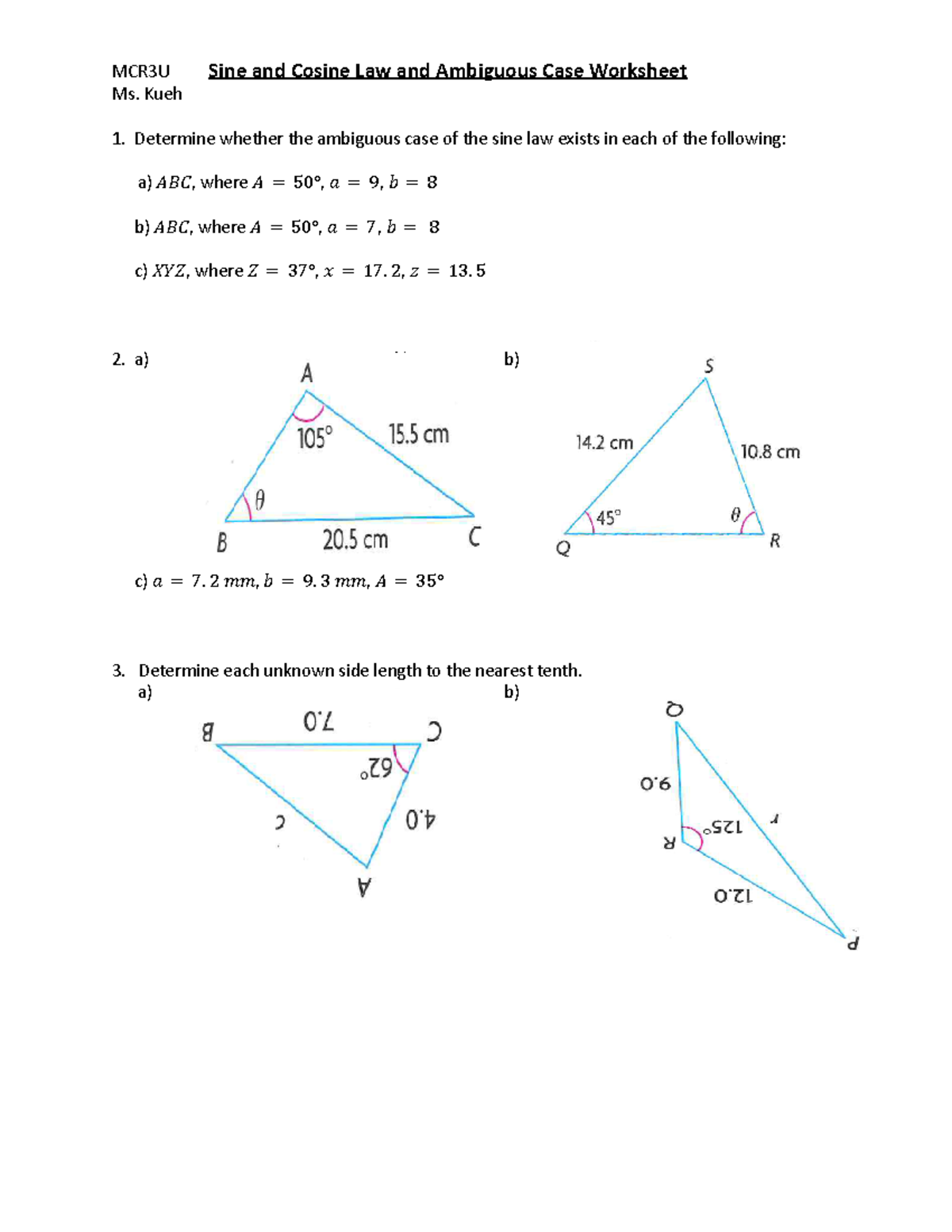 MCR3U Sine and Cosine Law Ambiguous Case Worksheet - Studocu