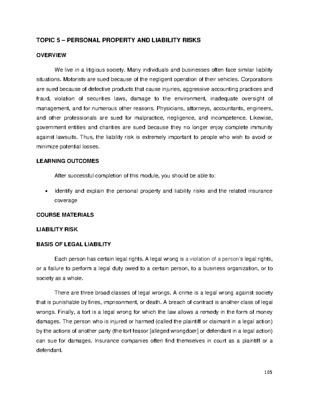 ERM Topic 5: Overview of Personal Property & Liability Risks - Studocu