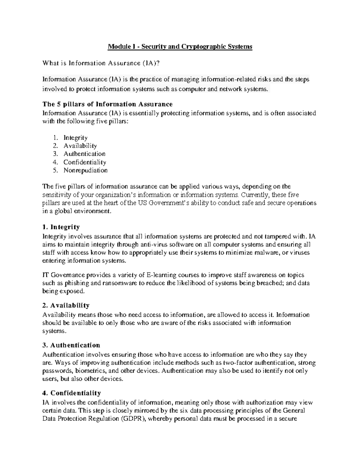 Module I: Security and Cryptographic Systems - Information Assurance ...