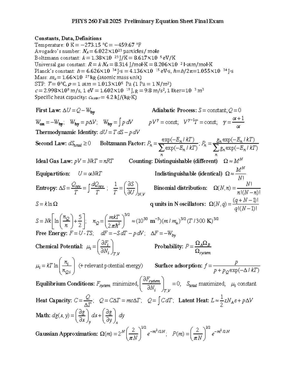 PHYS 260 Fall 2025 Final Exam Equation Sheet and Constants - Studocu
