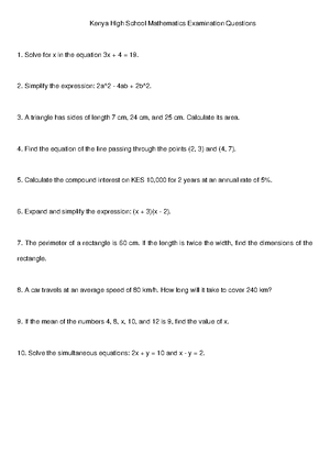 Mathematics Form 2 - Question Paper - ZERAKI ACHIEVERS’ EXAMINATIONS (2022) Term 3 - 2022 - Studocu