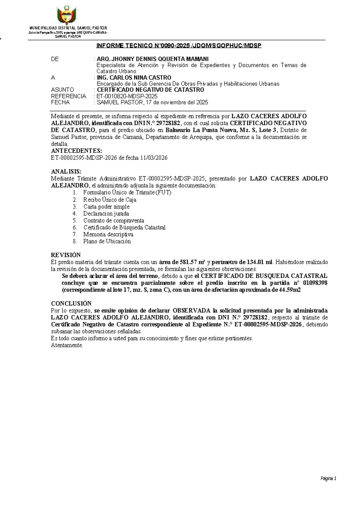 Informe Técnico sobre Certificado Negativo de Catastro - Samuel Pastor ...